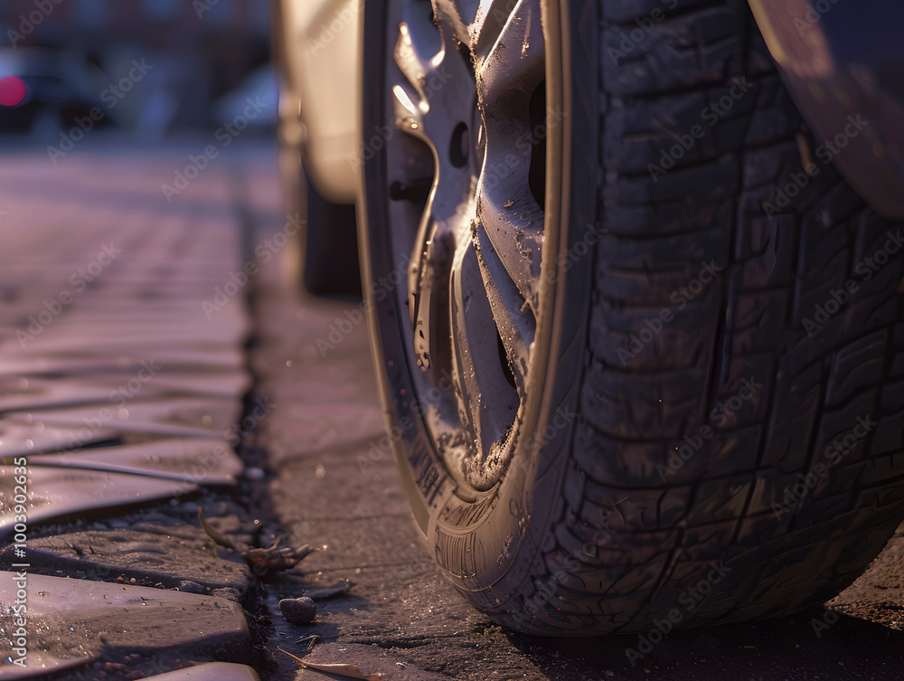 close up view of flat tire on car, showcasing detailed tread patterns ...