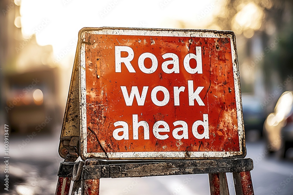 Road work ahead text on a warning traffic sign in the city street ...
