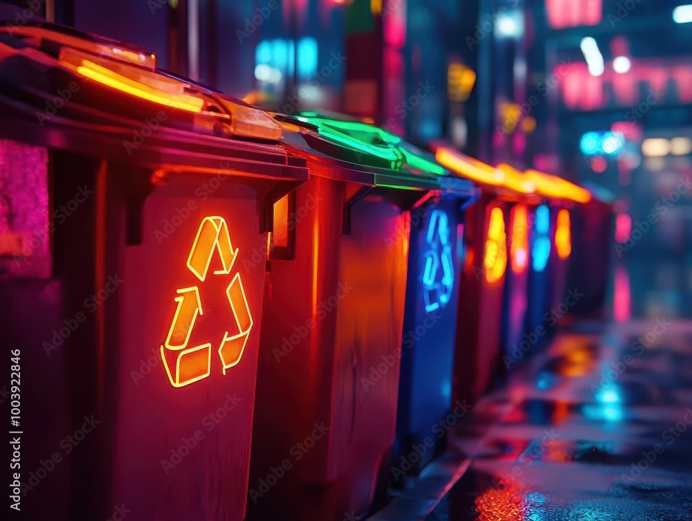 Recycling bins in a futuristic neon-lit city with holographic waste ...