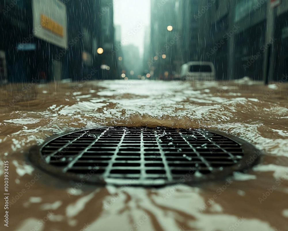 Flooded street with a storm drain showcased in the foreground ...