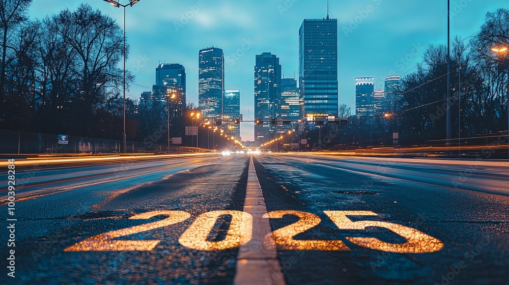 Foto de An urban street directed towards a distant city horizon is ...