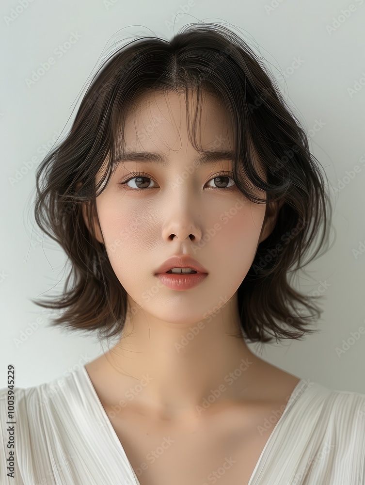 Beautiful Korean woman in her 20s with short, chin-length hair, staring ...