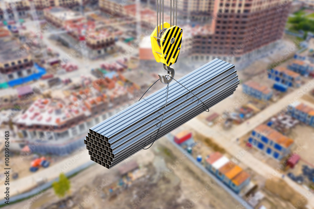 Construction crane lifts pipes. Moving heavy loads onto multi-storey ...