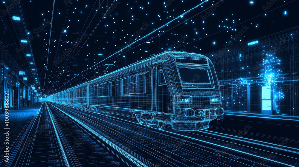 Here is the abstract polygonal 3D wireframe image of a modern train at ...
