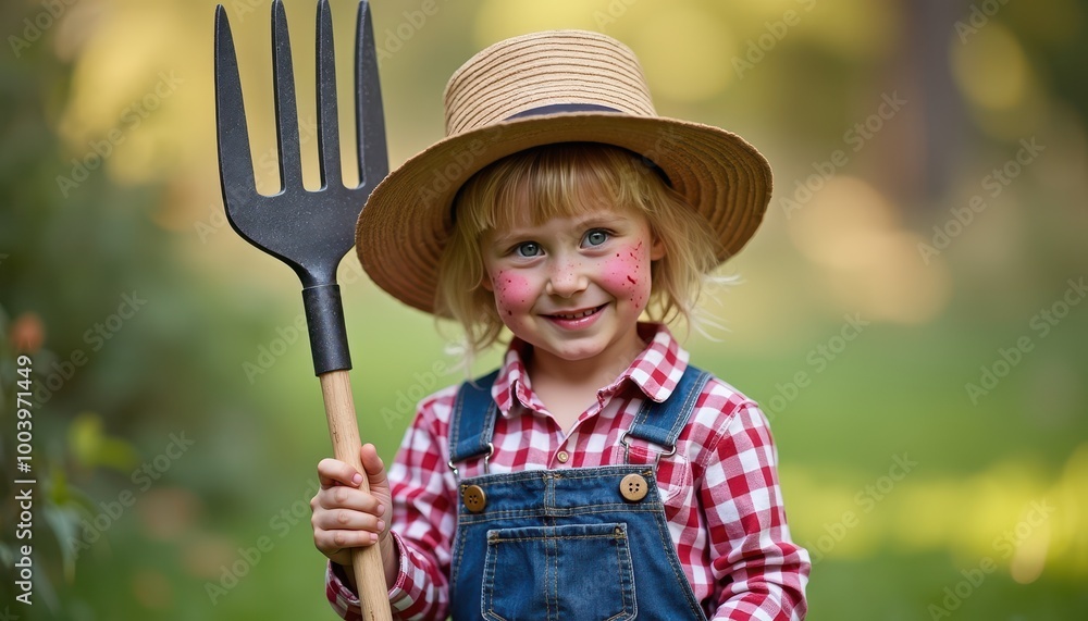 A child dressed as a farmer with a DIY pitchfork overalls and face ...