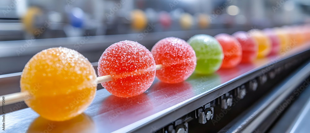 Colorful candy balls on a conveyor belt in a factory setting ...