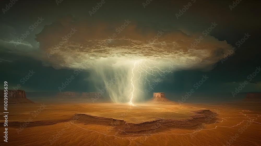 Dramatic thunderstorm brewing over a vast arid desert landscape with ...