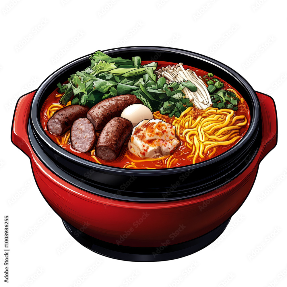 Korean army stew (budae jjigae) hot pot with sausage and ramen, fusion ...