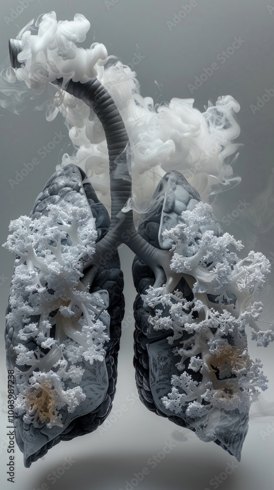 Image depicts damaged human lungs due to smoking. Blackened left lung ...