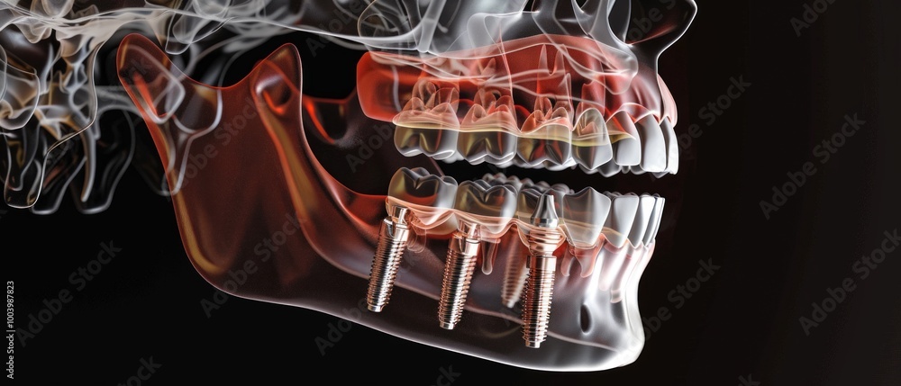 Detailed skeletal representation of human jaw with 4 dental implants ...