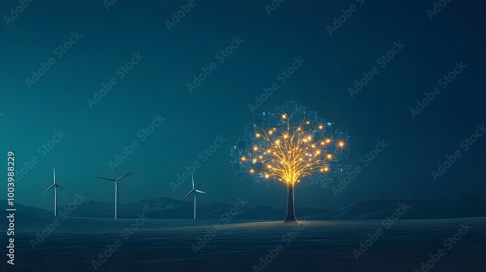 Glowing tree with branches formed by solar panels and wind turbines ...