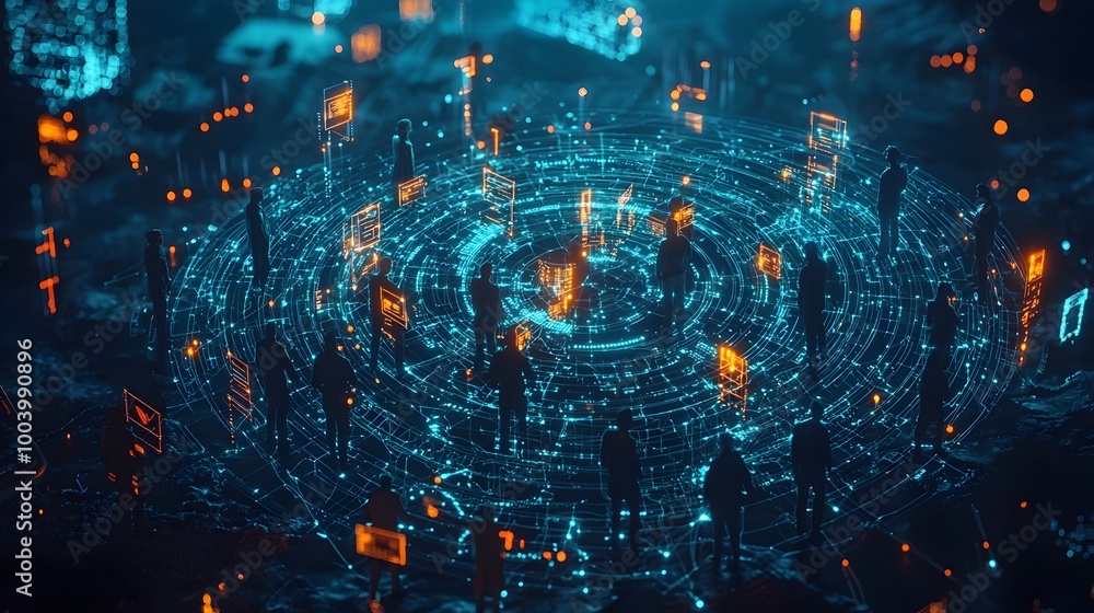 of people in a circle formation connected by glowing digital lines ...