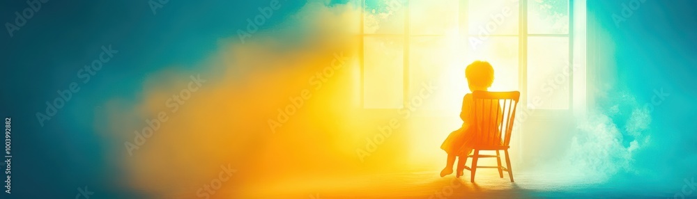 Vampire child standing alone in a gothic nursery, eerie shadows from an ...