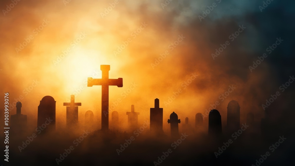 Phantom rising from an old crypt, gothic gravestones surrounding it ...