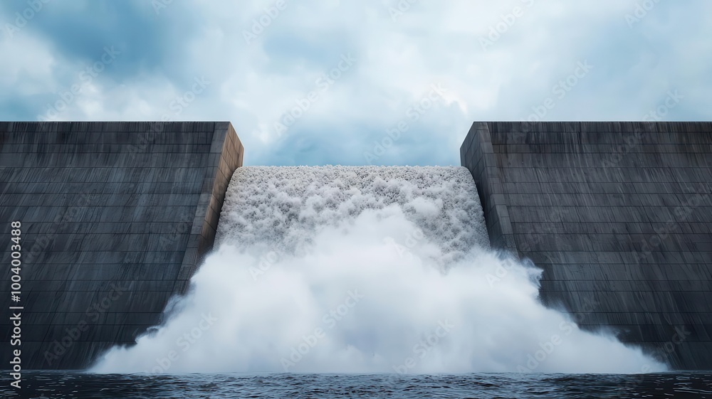 Massive concrete dam viewed from below, towering over the landscape ...