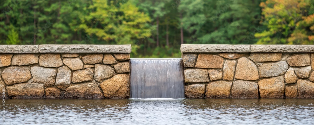 An old stone buttress dam in the countryside, small amount of water ...