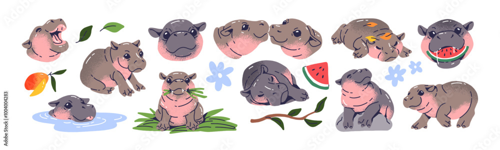 Cute baby hippo set. Funny pygmy hippopotamus has fun, sleeps, eats ...