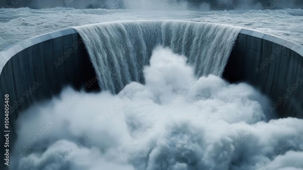 Closeup of a spillway from a buttress dam, water pouring down in a ...