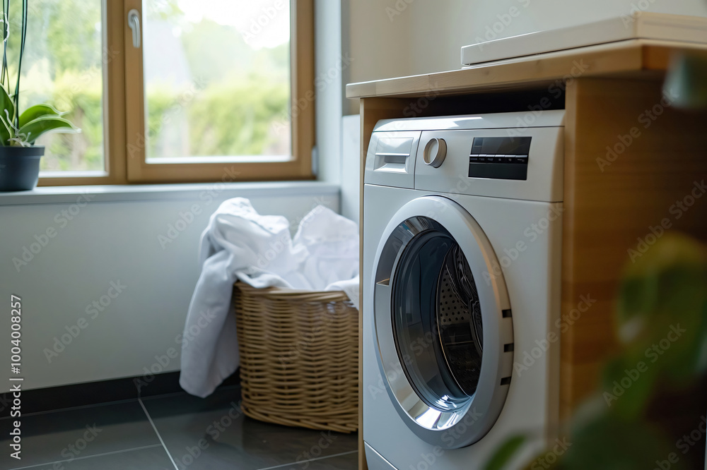 Modern washing machine standing in a bright laundry room with a wicker ...