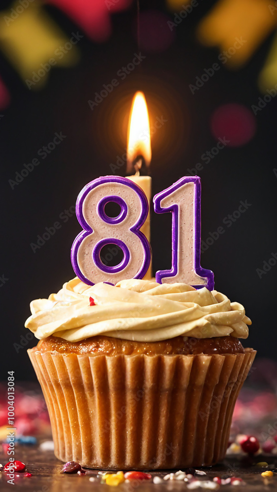 Birthday cupcake with burning lit candle with number 81. Number eighty ...