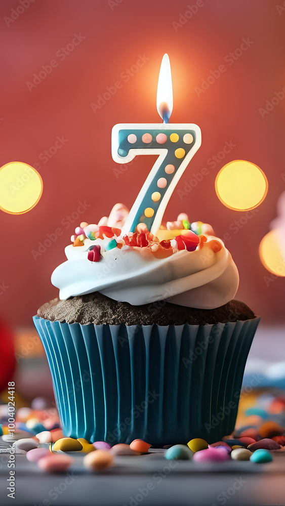 Birthday cupcake with lit birthday candle Number seven for seven years ...