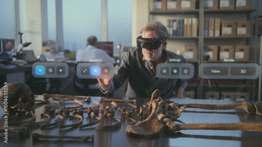 Advanced archaeological lab: Archaeologist in VR headset conducts bones ...