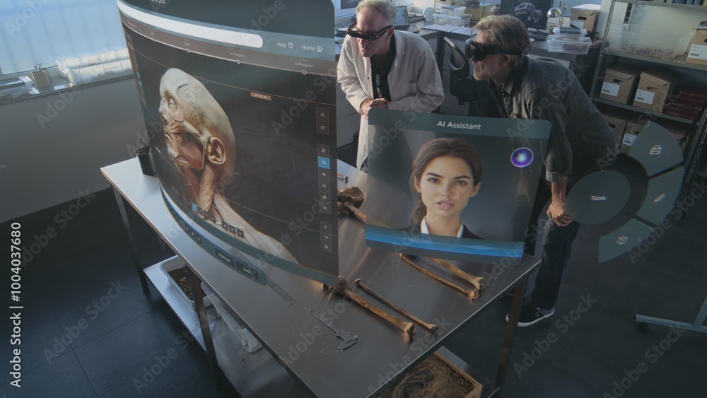 Modern archaeological lab: Two archaeologists in VR headsets study ...