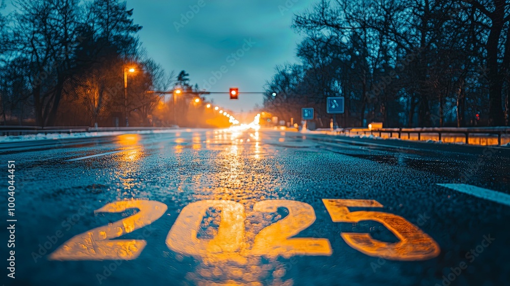 A misty city road with glowing streetlights and a bright 2025 sign ...