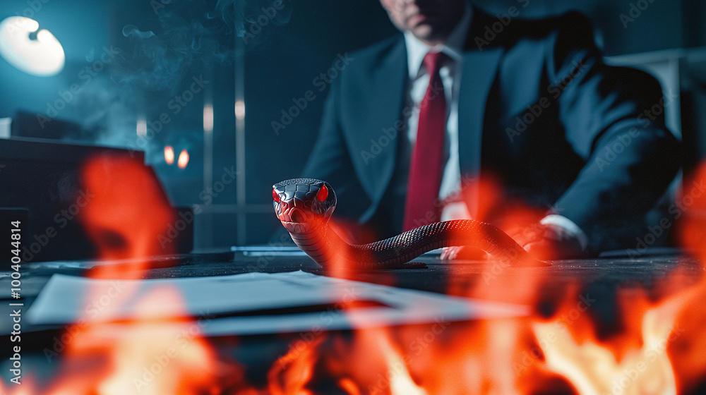 snake in a dimly lit office, concept of cruel sneaky business boss ...