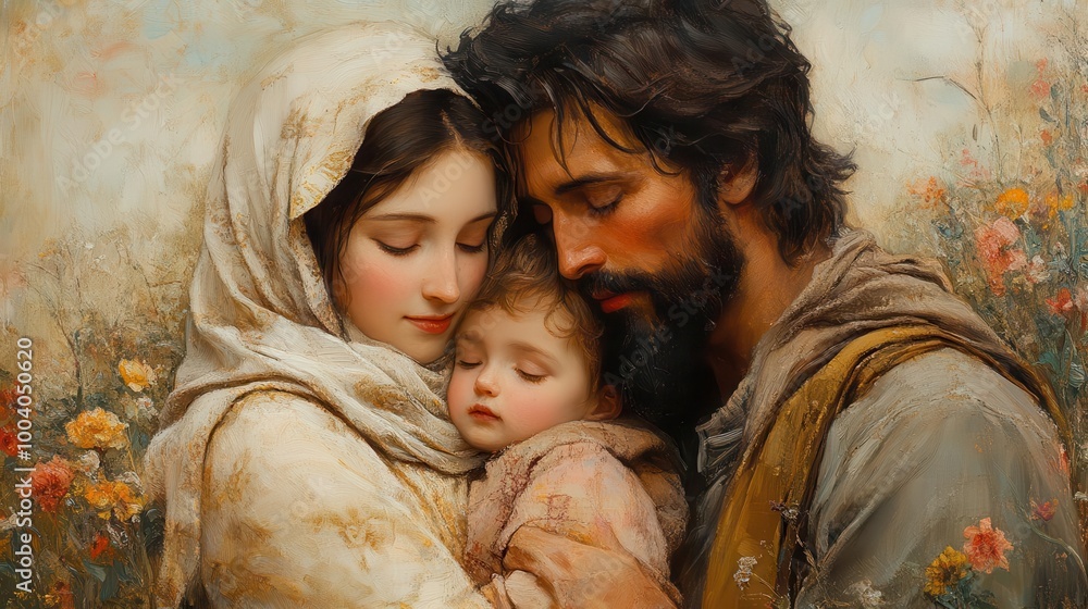 a traditional catholic art representation of the holy family depicted ...