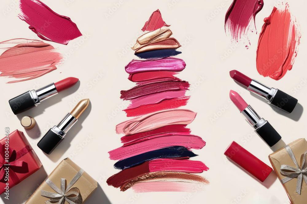 Christmas tree of different color slices of lipsticks, cut and smeared ...