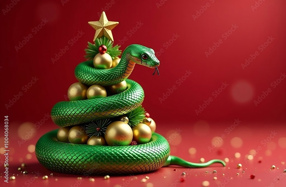 A green snake coils around a Christmas tree, an emerald snake lies in ...