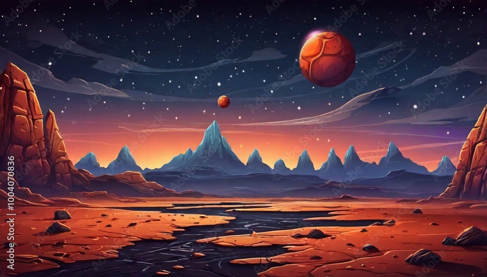 Mars surface, alien planet landscape. Night space game background with ...