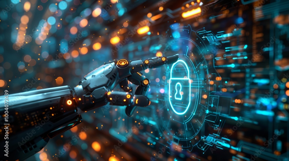 Digital background featuring a robot hand pointing at a padlock symbol ...