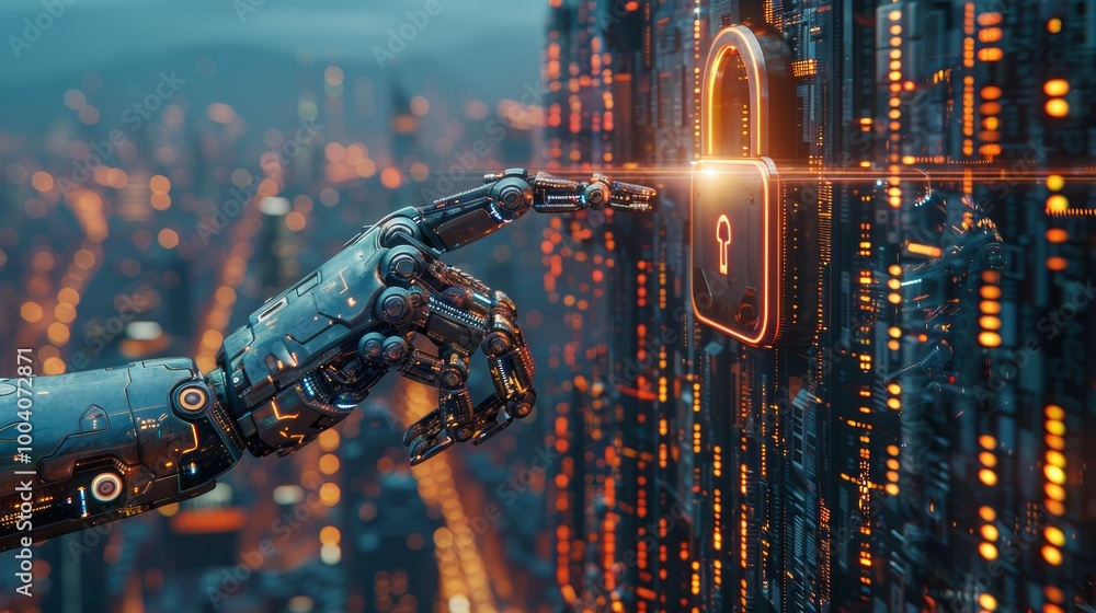 Digital background featuring a robot hand pointing at a padlock symbol ...