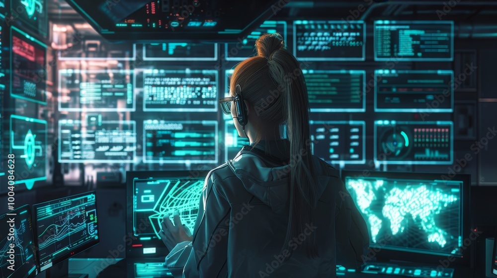 Futuristic scene of a female programmer coding at night with holograms ...