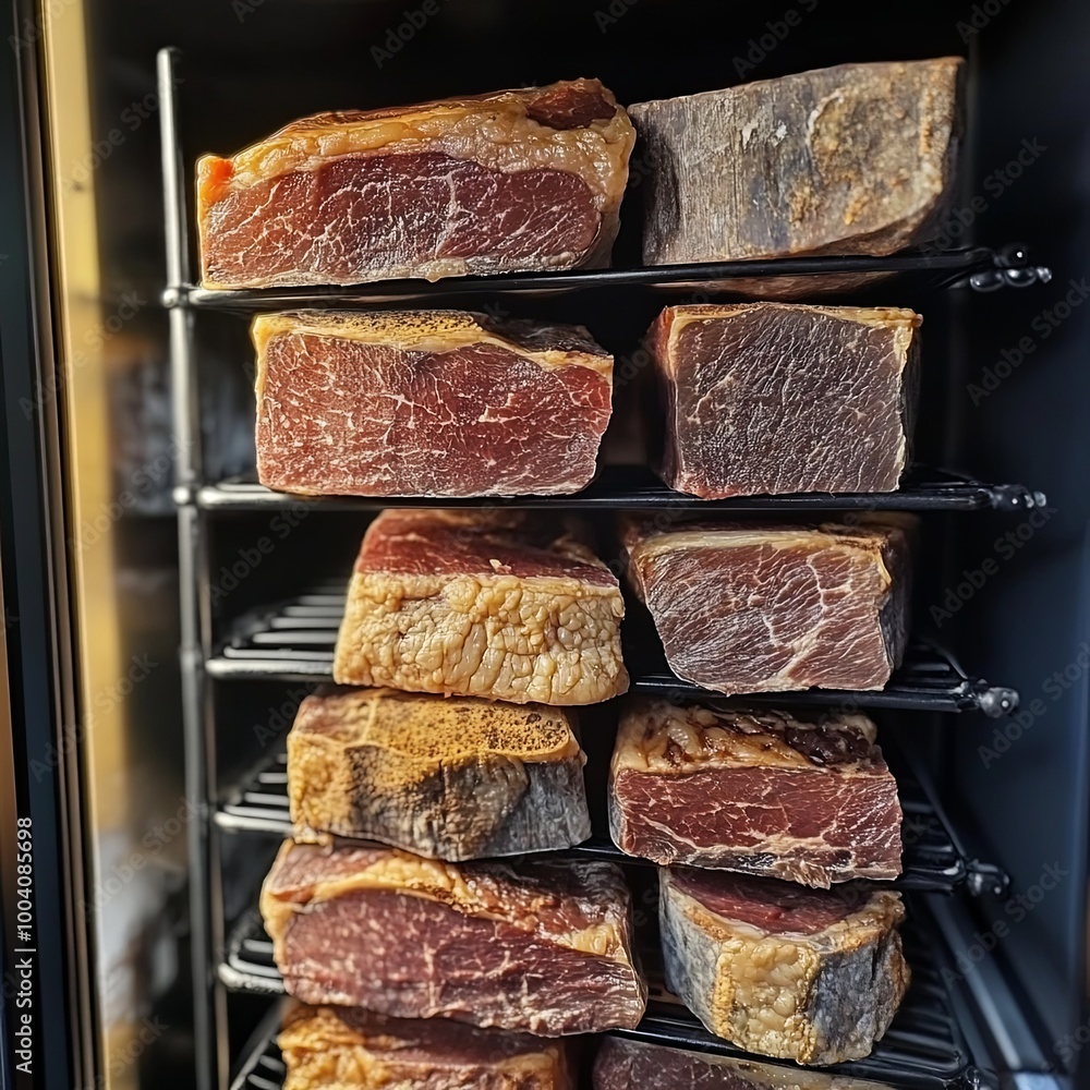 Beef steak in dry aged meat aging cabinet. Barbecue steak on fridge in ...