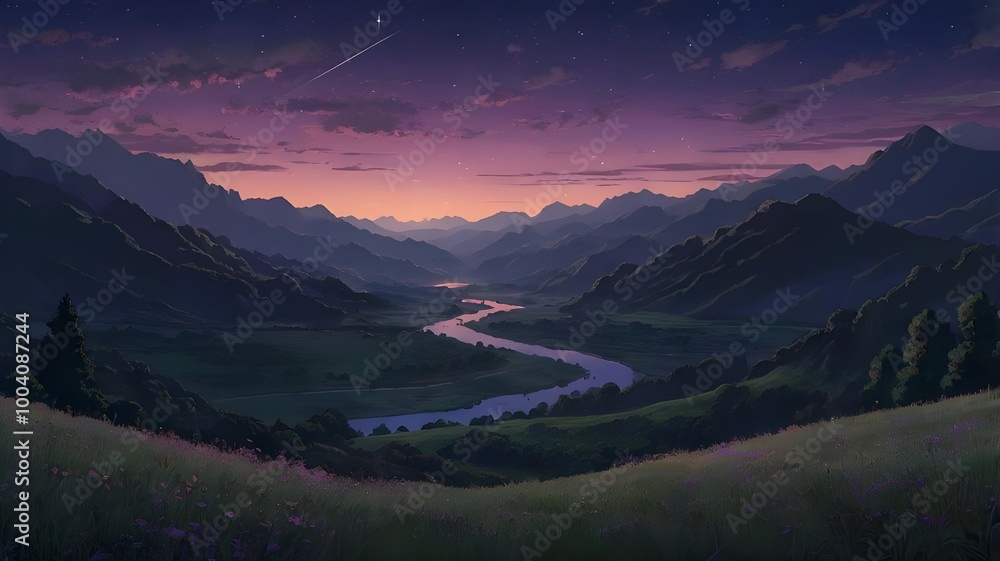 Sunset panorama on the horizon behind mountains, creating a purple ...