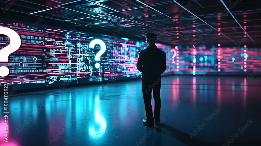 A figure stands in a high-tech environment, with a holographic question ...