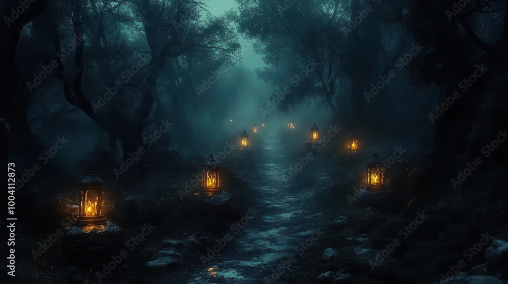 chilling horror scene featuring a shadowy forest path eerily lit by ...