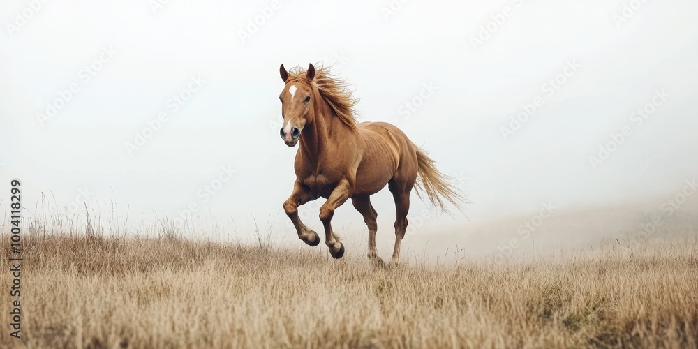 A stunning horse gracefully running through a misty field, capturing ...