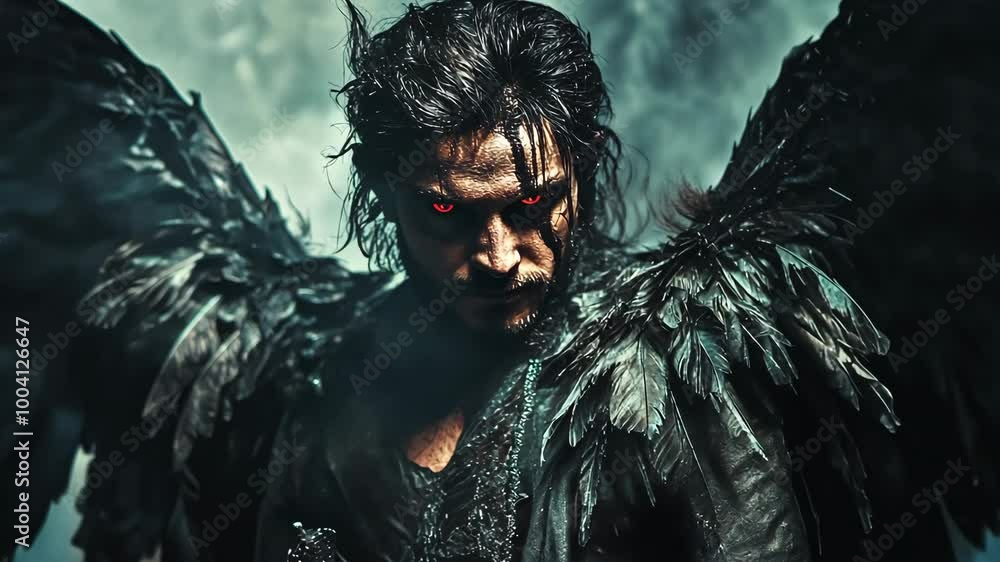 A man with black wings and red eyes stares intensely at the camera ...