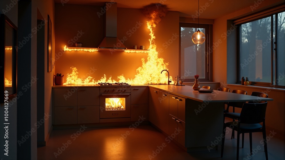 Electrical fire caused by an overheated appliance in a modern kitchen ...