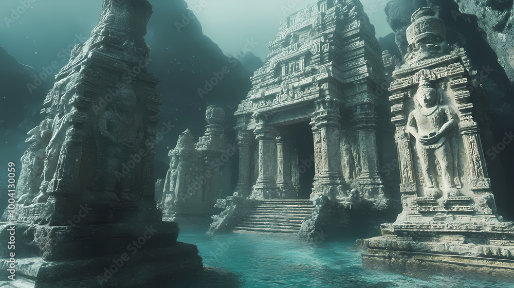 Generative AI, Deep Ocean Temple: Intricate Carvings and Statues of ...