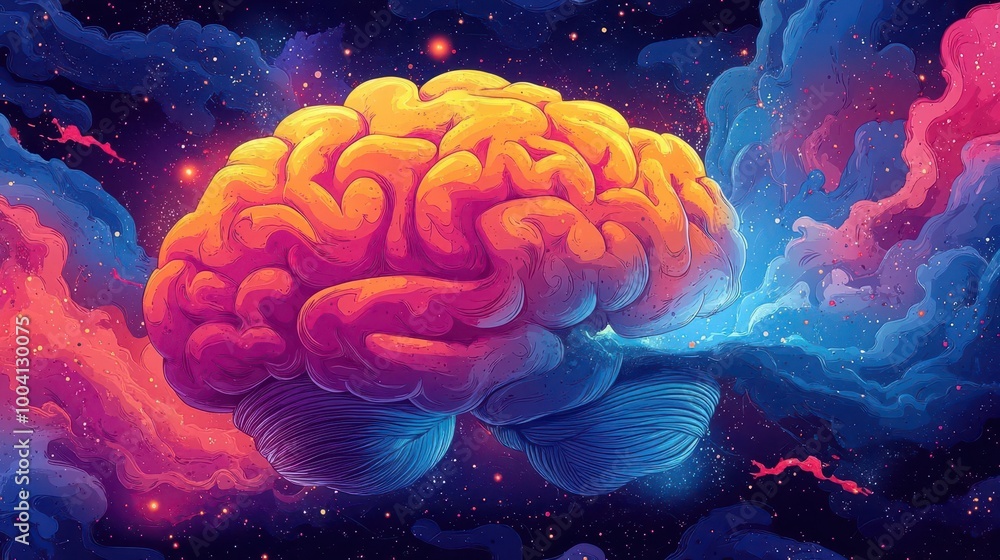 colorful retro cartoon brain filled with whimsical shapes and patterns ...