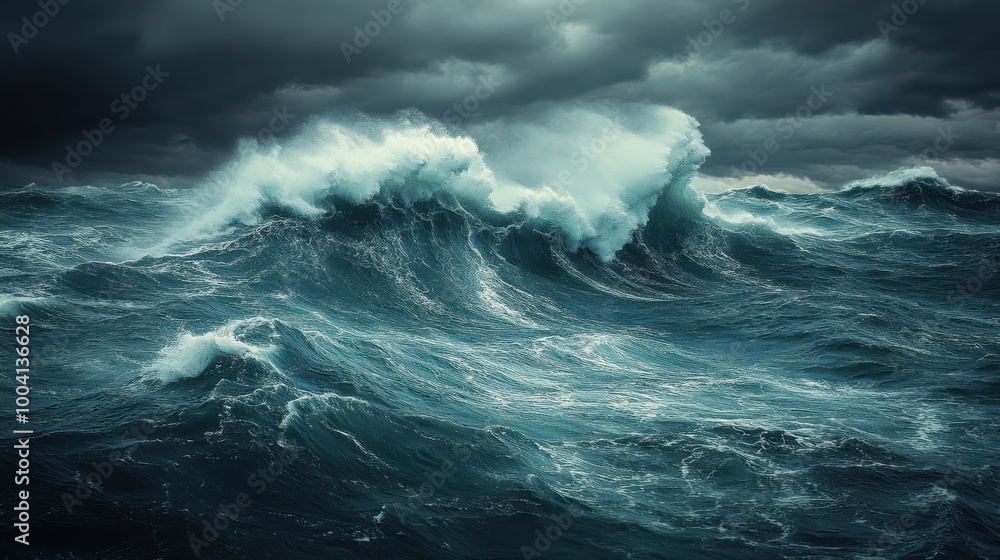 Stormy ocean waves crashing violently under dark clouds, turbulent sea ...