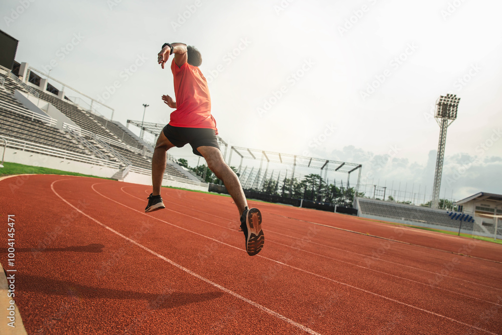 The runer runs on a red rubber running track, starting off using the ...