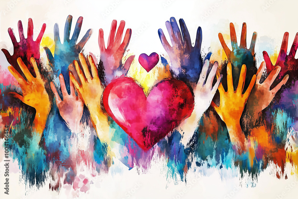 Group of Diverse People Raising Hands Toward Hand-Painted Hearts ...