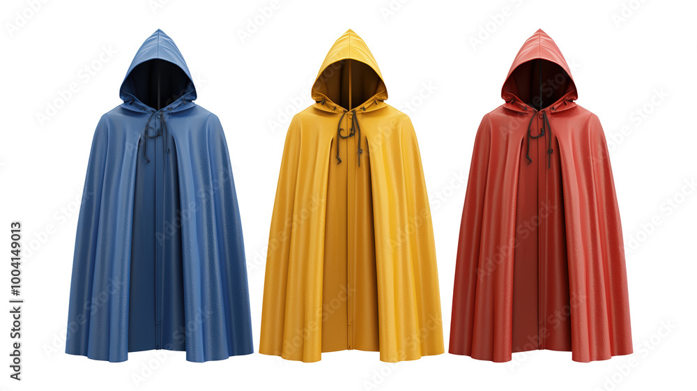 Stylish capes in blue, yellow, and red colors, featuring hoods and ...