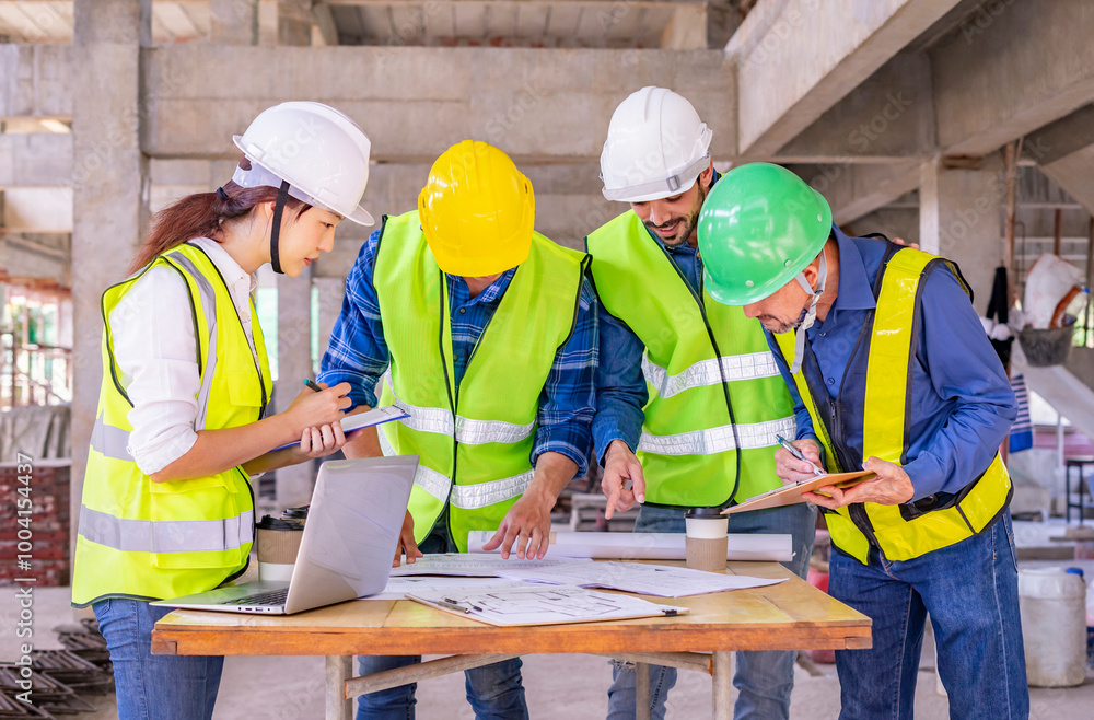 engineering teamwork meeting on table before inspection structure of construction site,civil ...